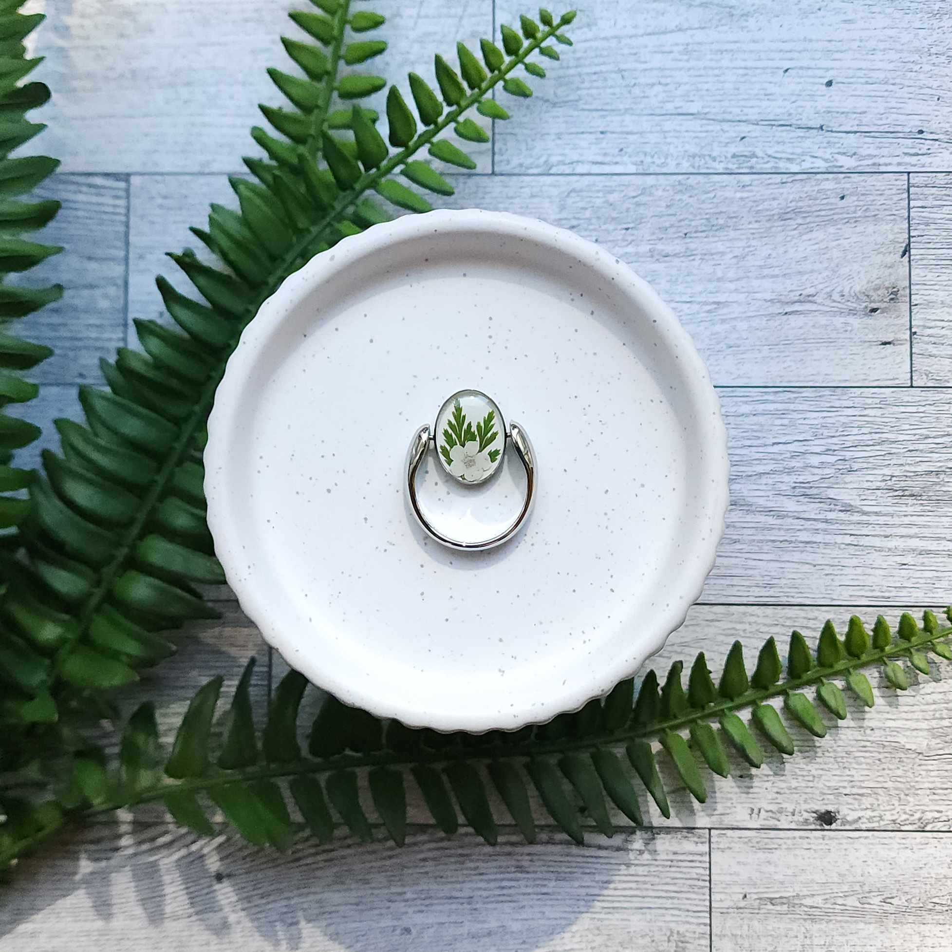White Forget Me Not with Fern in Silver Oval – Complementary